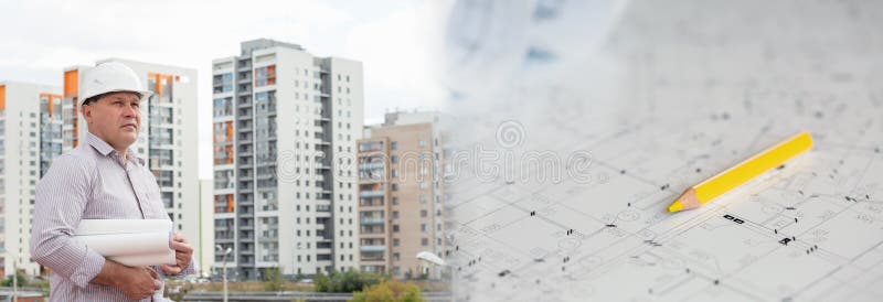 Collage with Engineer on a Construction Site with Cranes Stock Photo ...