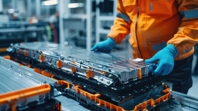 Engineer Examining EV Battery Modules on a Workbench, Showcasing ...