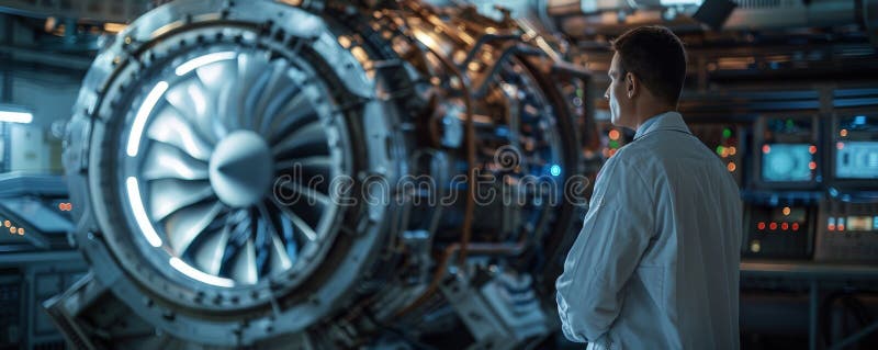 Engineer Examining Jet Engine in High-tech Aerospace Manufacturing ...