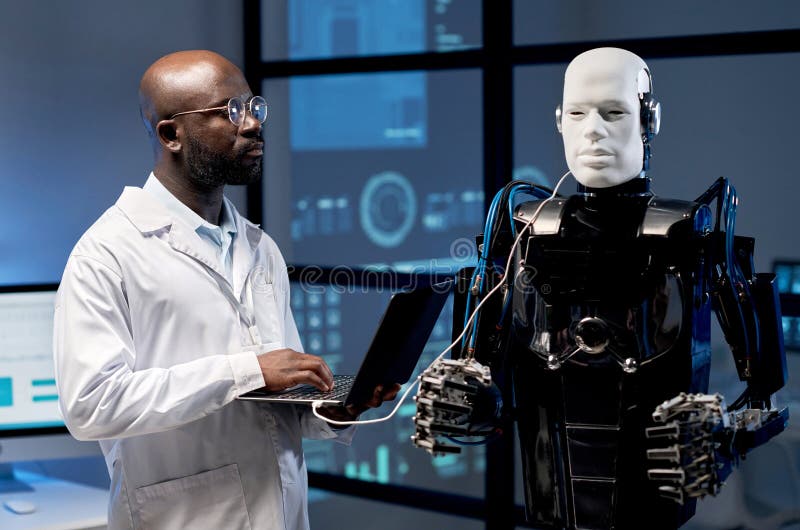 Engineer Examining the Work of Robot Stock Image - Image of work ...