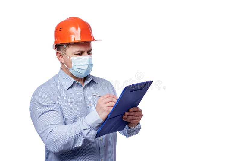 Engineer with Clipboard and Face Mask Stock Image - Image of hardhat ...