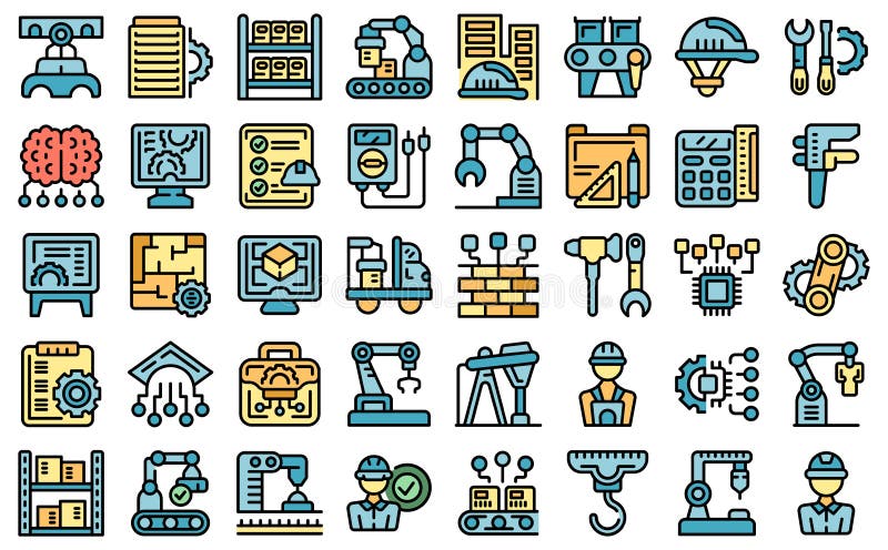 Engineer Factory Icons Set Vector Flat Stock Vector - Illustration of ...