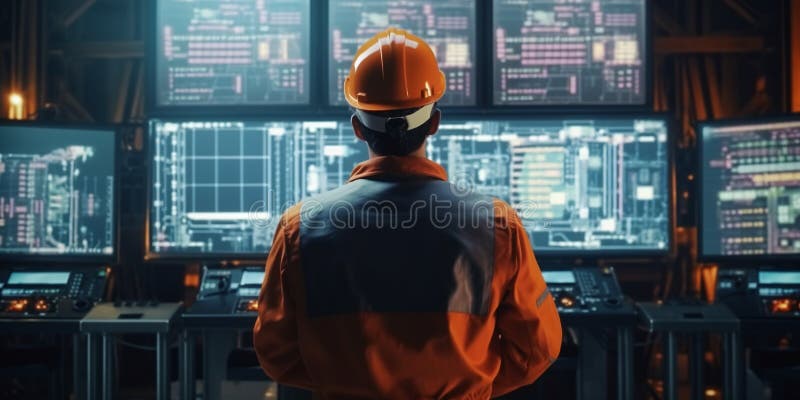 Engineer in Safety Helmet Working on Multiple Computer Monitors in ...