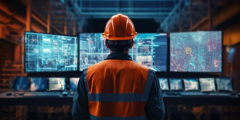 Engineer in Safety Helmet Working on Multiple Computer Monitors in ...