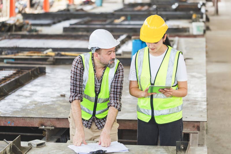 Senior Engineer and Female Foreman Team Checking Project at Precast ...