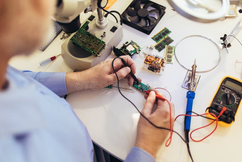 Engineer Fixing Broken Computer Equipment. Stock Photo - Image of check ...
