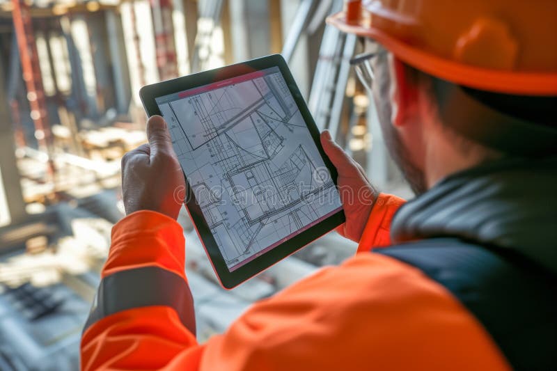 Engineer Focused on Analyzing Architectural Blueprints. Stock ...