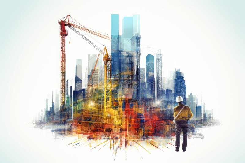 Engineer or Foreman on Background of Construction Site, Double Exposure ...