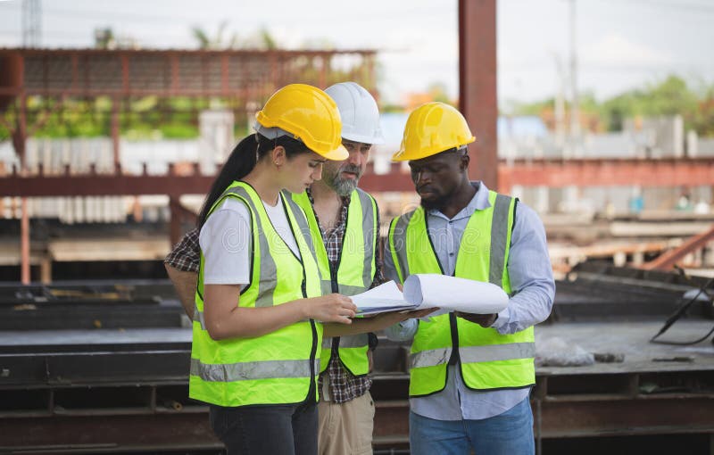 Engineer and Foreman Worker Team with Blueprints Checking Project at ...