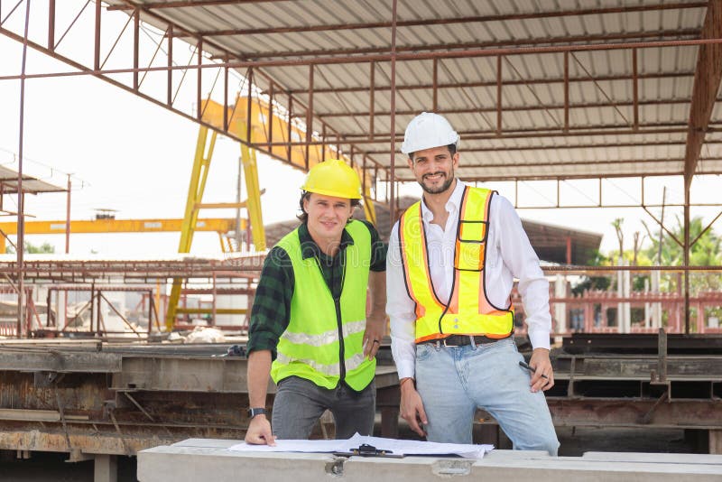 Engineer and Foreman Worker Team Checking Project at Precast Concrete Factory Site, Engineer and ...