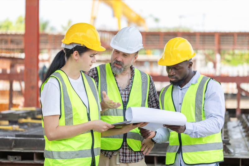 Senior Engineer and Female Foreman Team Checking Project at Precast ...