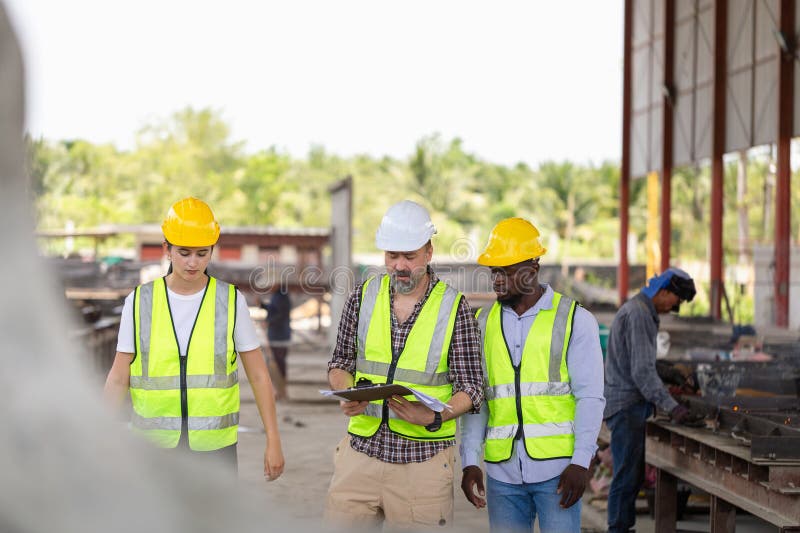 Engineer and Foreman Worker Team Checking Project at Precast Concrete ...