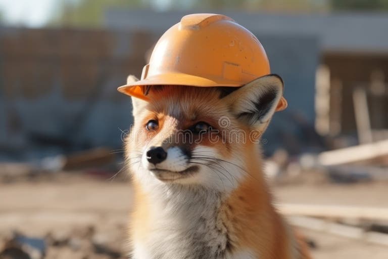 Engineer Fox in a Work Helmet on a Construction Site. Construction of a Large House from Cement ...