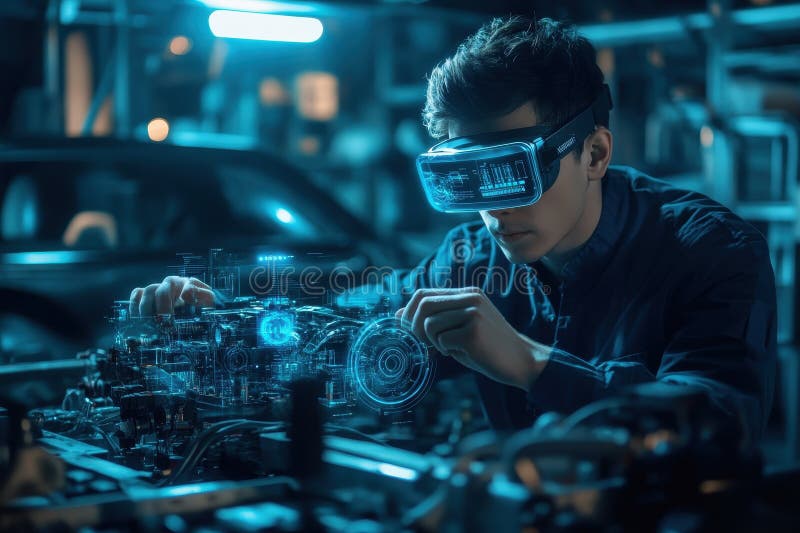 Engineer in Futuristic Lab Working on Automotive Technology with VR ...