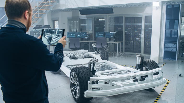 Engineer with Glasses and Beard Scans Electric Car Chassis Prototype with Wheels, Batteries and ...