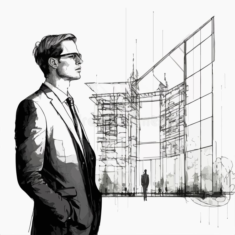 Engineer with Glasses Looking at Blueprint Design of Modern Office ...