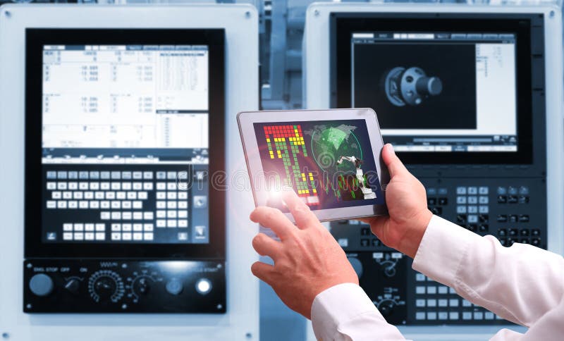 Engineer Hand Using Tablet with Machine Real Time Stock Image - Image ...