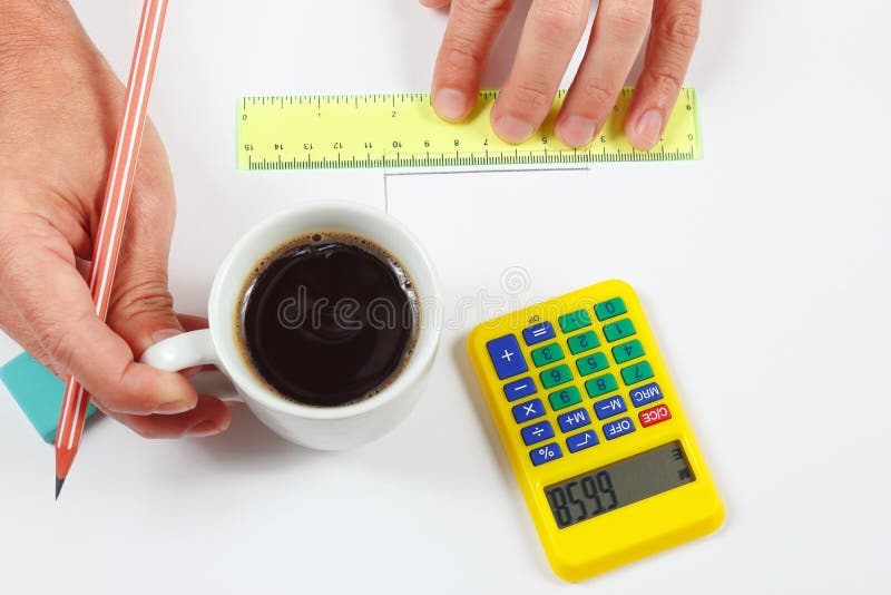 Engineer Hands Holding a Cup of Coffee and Ruler Stock Photo - Image of ...