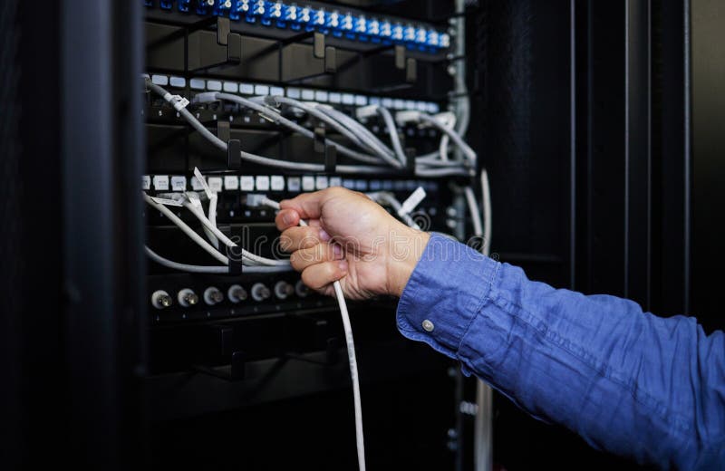 Engineer Hands, Server Room and Cable Connection for Software Update or ...