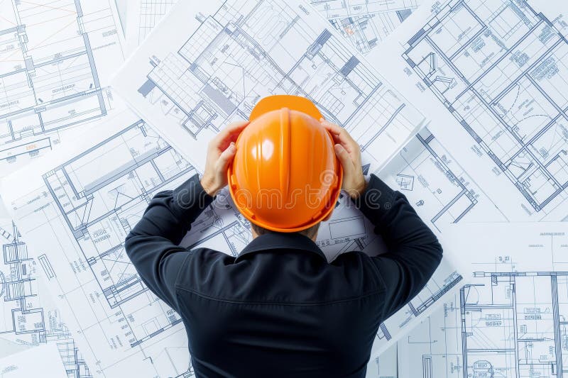 Engineer with Hard Hat, Hands on Head among Blueprints Stock Photo ...