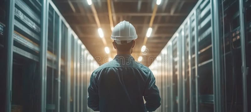 Engineer in Hard Hat Inspecting Server Room at Data Center. Network ...