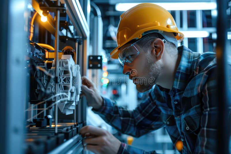 Engineer in Hard Hat Inspects 3D Printer Printing Industrial Parts ...