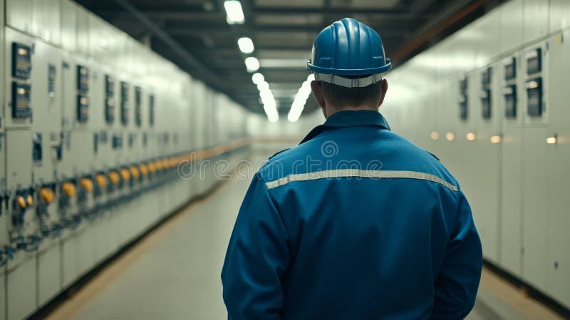 Engineer in Hard Hat Inspects Electrical Power and Safety Systems in ...