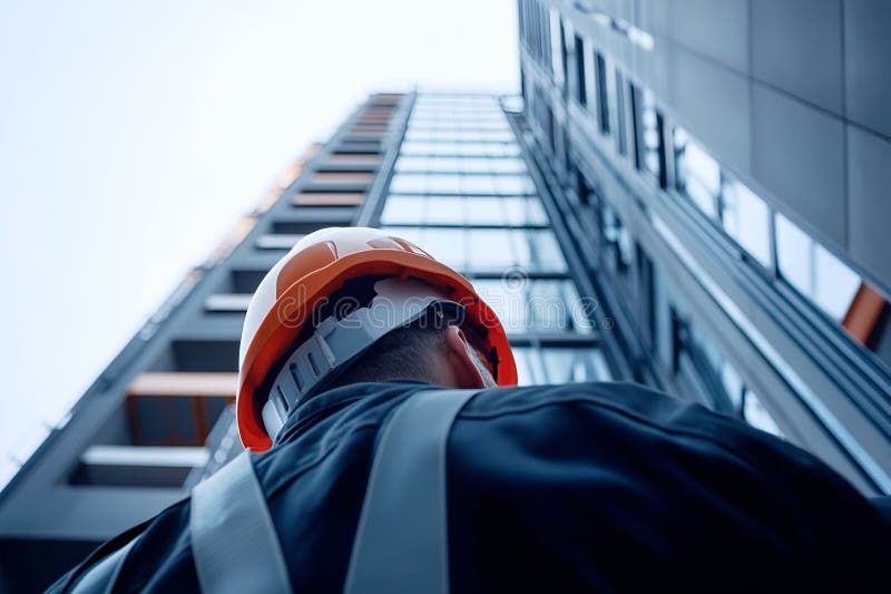 An Engineer in a Hard Hat Inspects the Facade of a High-rise Building ...