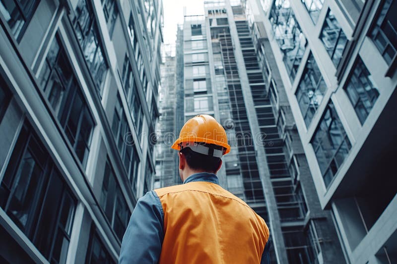 An Engineer in a Hard Hat Inspects the Facade of a High-rise Building ...