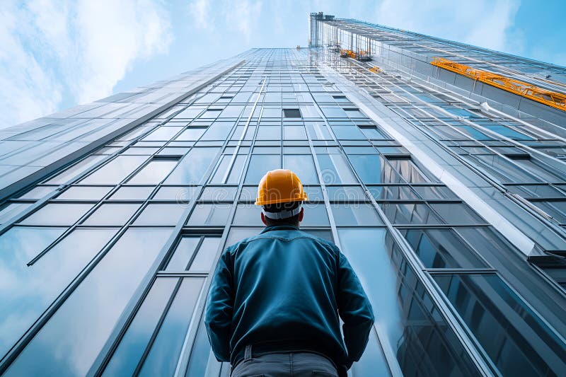 An Engineer in a Hard Hat Inspects the Facade of a High-rise Building ...