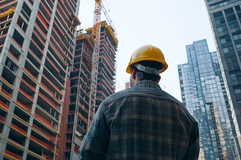 An Engineer in a Hard Hat Inspects the Facade of a High-rise Building ...