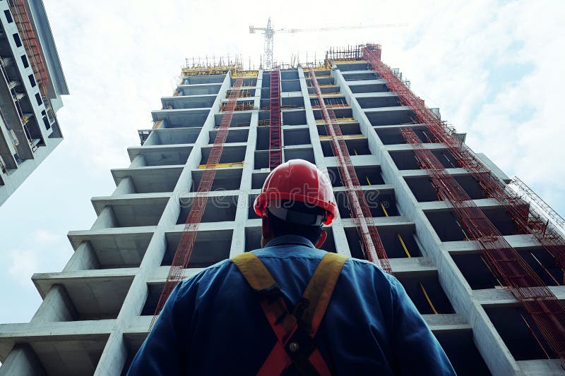 An Engineer in a Hard Hat Inspects the Facade of a High-rise Building ...