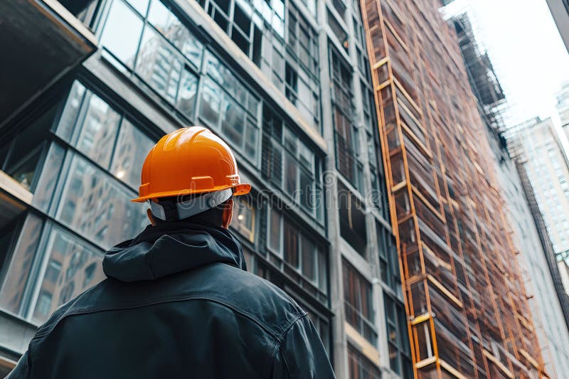 An Engineer in a Hard Hat Inspects the Facade of a High-rise Building ...