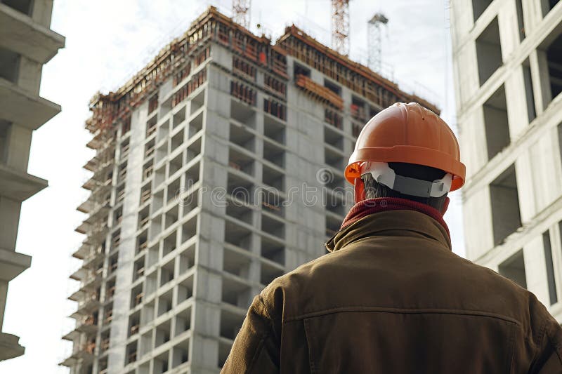 An Engineer in a Hard Hat Inspects the Facade of a High-rise Building ...