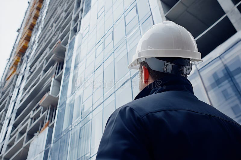 An Engineer in a Hard Hat Inspects the Facade of a High-rise Building ...