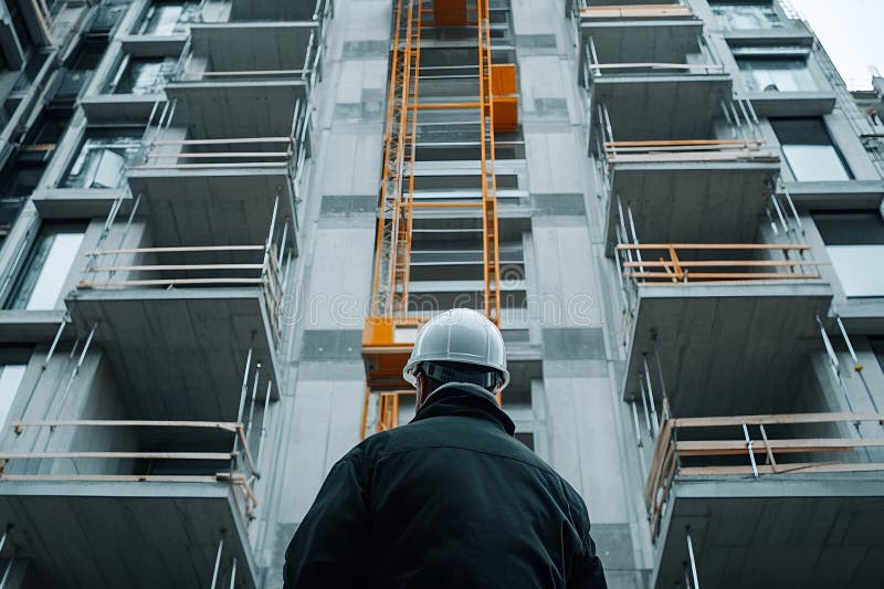An Engineer in a Hard Hat Inspects the Facade of a High-rise Building ...