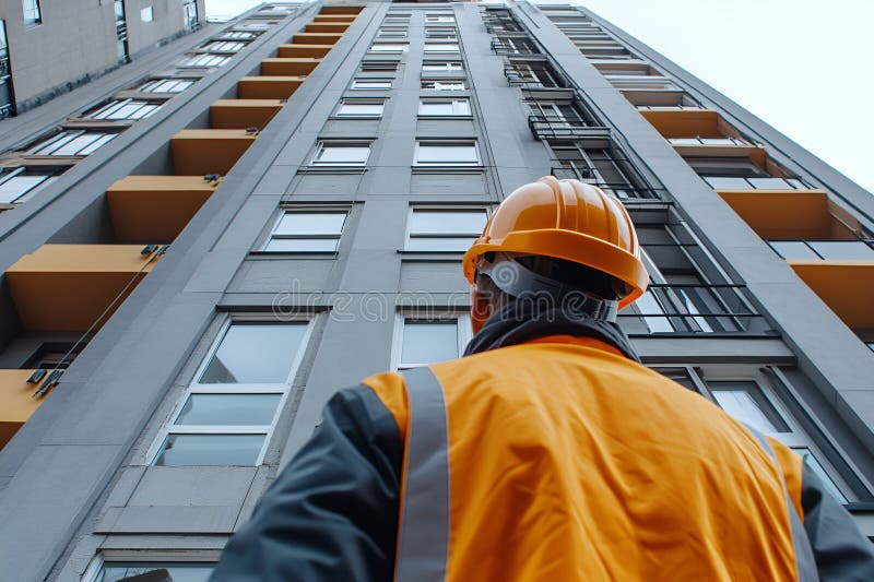 An Engineer in a Hard Hat Inspects the Facade of a High-rise Building ...