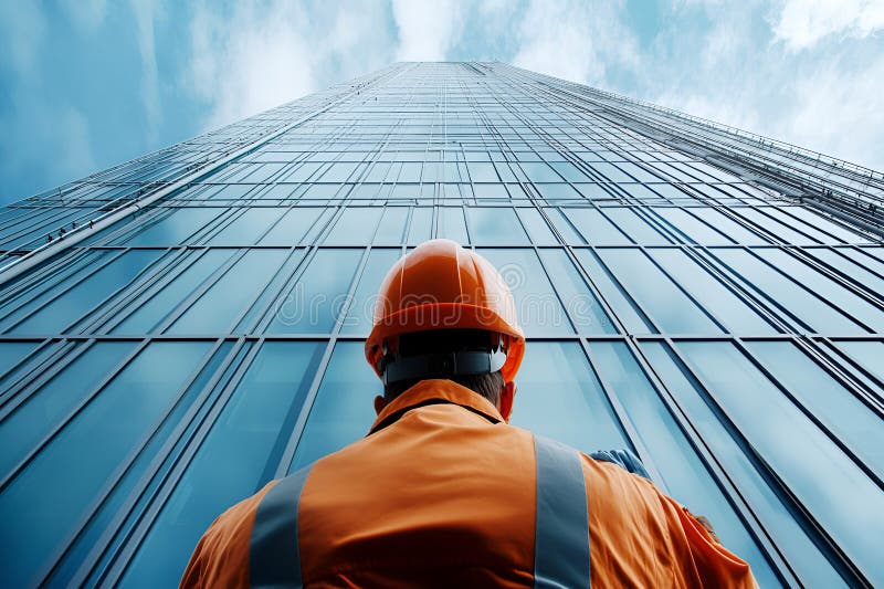 An Engineer in a Hard Hat Inspects the Facade of a High-rise Building ...