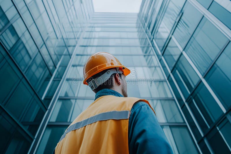 An Engineer in a Hard Hat Inspects the Facade of a High-rise Building ...