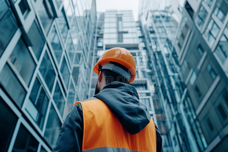 An Engineer in a Hard Hat Inspects the Facade of a High-rise Building ...