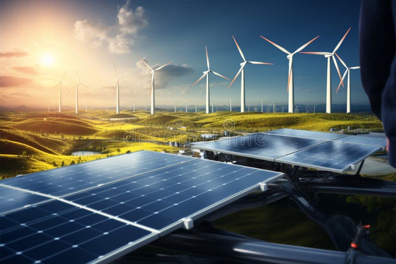 Engineer with Hard Hat Inspects Wind and Solar Power Station Stock ...