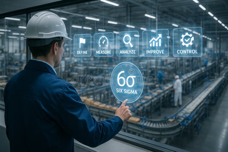Engineer in Hard Hat Interacting with Futuristic Digital Interface Selecting Six Sigma DMAIC ...