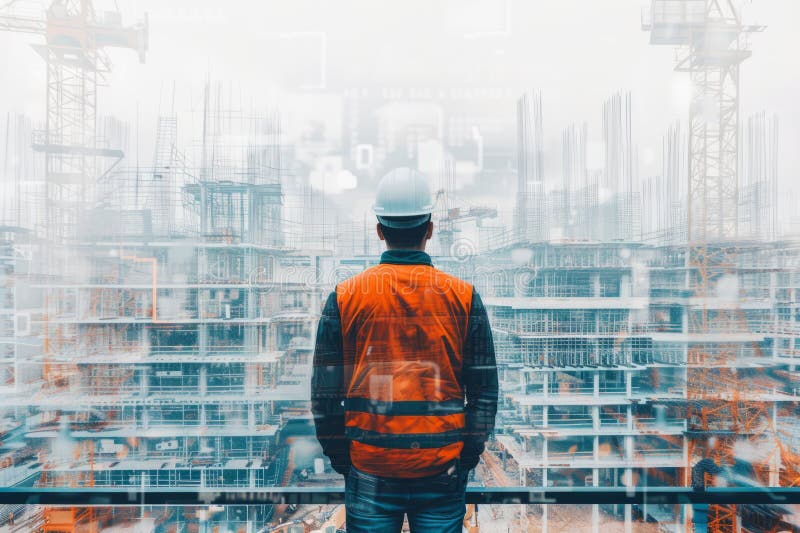 Engineer in a Hard Hat among Modern Urban Buildings, Multiple Exposure ...
