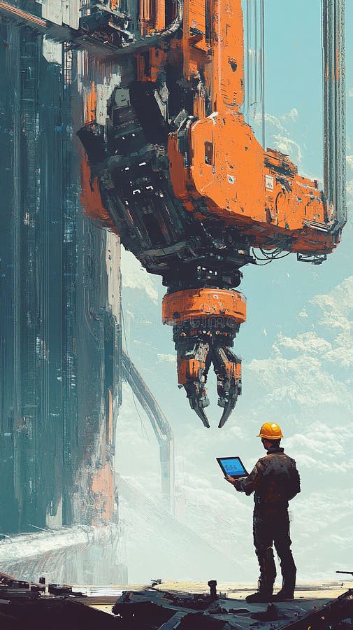 An Engineer in a Hard Hat Programming a Robotic Arm through a Tablet ...