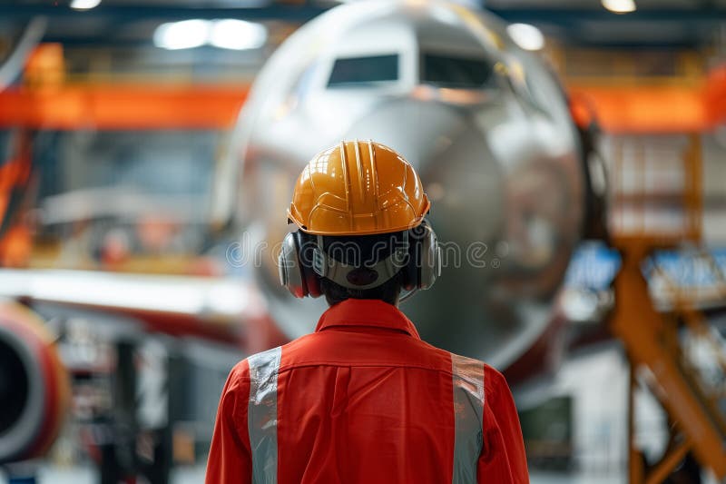 Engineer in Hard Hat and Safety Vest Inspect a Large Passenger Plane in ...
