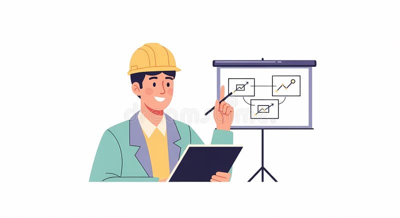Engineer Presenting Flowchart on Whiteboard, Holding Clipboard and ...
