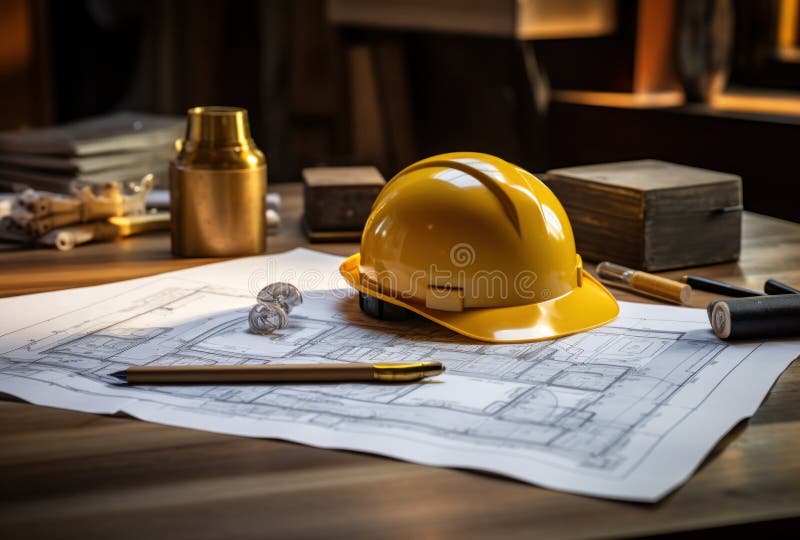 Engineer Hat on a Table Next To Drawings Stock Photo - Image of ...