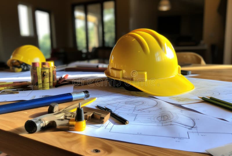 Engineer Hat on a Table Next To Drawings Stock Image - Image of ...