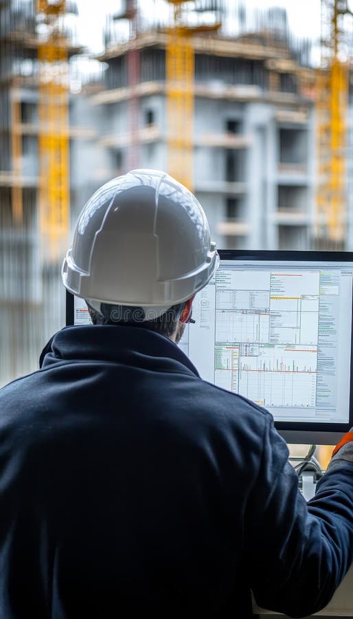Engineer in Helmet Analyzing Gantt Chart on Computer at Construction ...