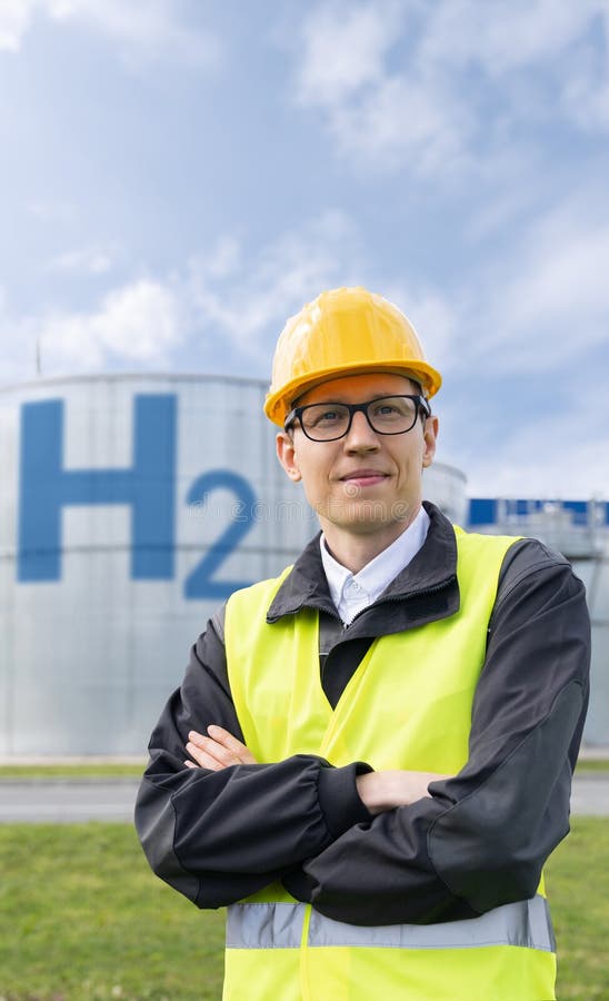 Engineer in Helmet on a Background of Hydrogen Factory Stock Image ...